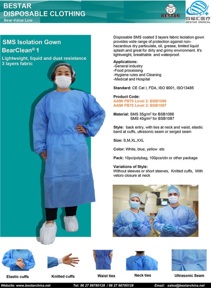 Level 3 Sms Hospital Long Sleeve Disposable Gowns Blue Isolation Gowns