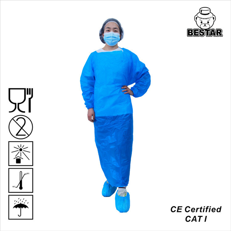 Medical CPE Long Sleeve Apron Elastic Cuff Blue Disposable Aprons For ...