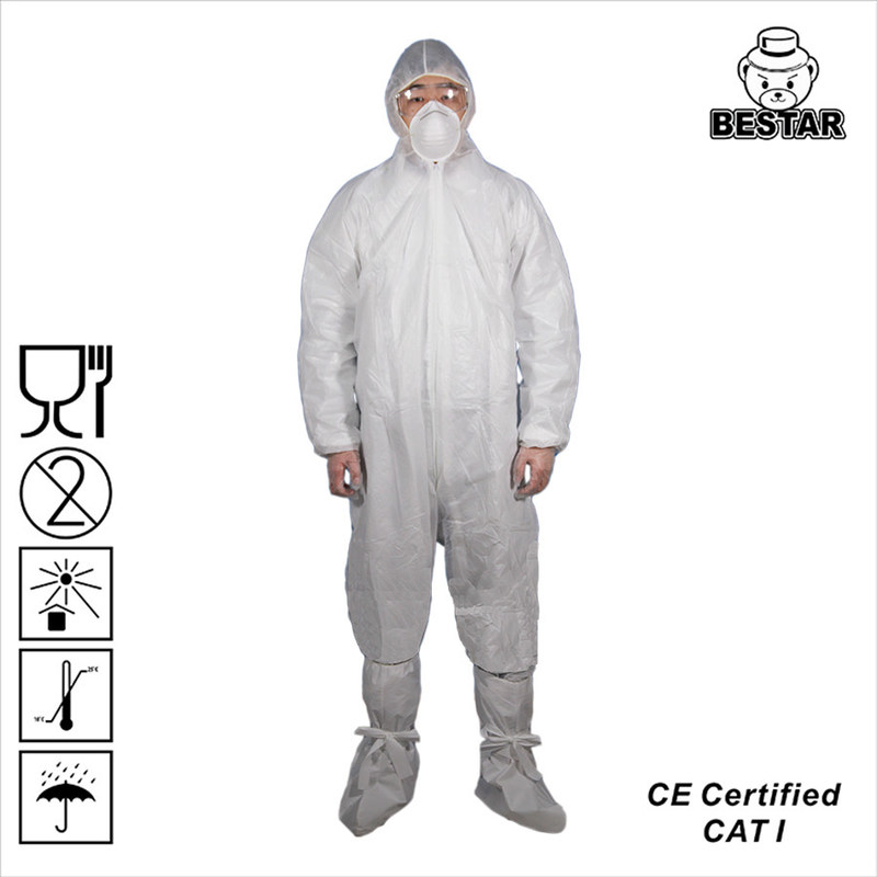 Anti-Dust White Disposable Overalls SPP+PE Coverall For Hygiene Rules ...