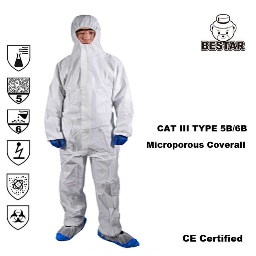 CAT III EN14126 TYPE 5B/6B White Microporous Film Coverall For Medical ...